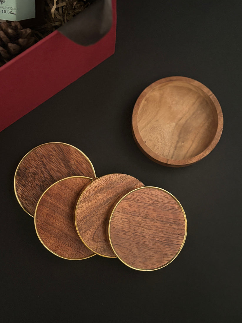 Corporate Office Brass Wood Coasters (set of 4) | Corporate Gifting ...